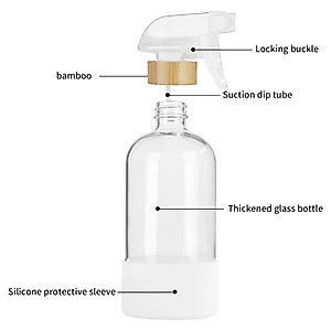 HOMBYS Empty Bamboo Glass Spray Bottles with Silicone Sleeve Protection - Refillable 17 oz Clear Glass Containers for Cleaning Solutions, Essential Oils, Misting Plants - Quality Sprayer - 3 Pack