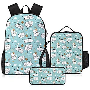 Cat Cute Aesthetic Backpack Set for Elementary School Student, Lightweight Classic Backpack for Women Girls School Bookbags with Lunch Box Pencil Case, Kawaii Backpack for Travel, School, Outdoor