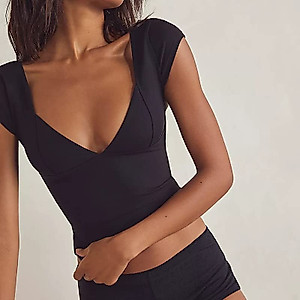 Women’s Crop Tops Cami Sexy Backless Deep V Neck Short Sleeve Y2K T Shirts Causal Slim Fit Tee Summer Crop Cami Black S