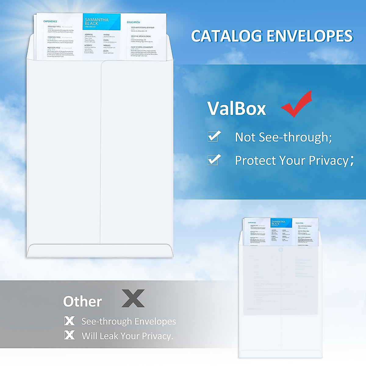 ValBox 6x9 Self Seal Security Catalog Envelopes 250 Count Small White Envelopes for Mailing, Storage and Organizing