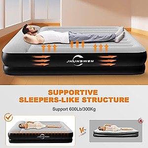 Queen Air Mattress with Built-in Pump/USB Rechargeable Detachable, JHUNSWEN 16" Raised Durable Inflatable Queen Air Mattress Built-in Pillow for Camping, Home & Guests, Easy Inflation/Deflation Airbed