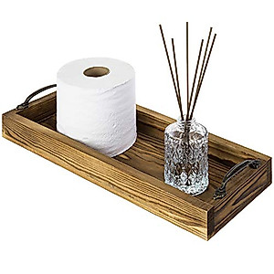 MyGift 16-inch Rustic Burnt Wood Toilet Tank Tray Organizer Storage Bathroom Vanity Tray with Vintage Brass Metal Handles