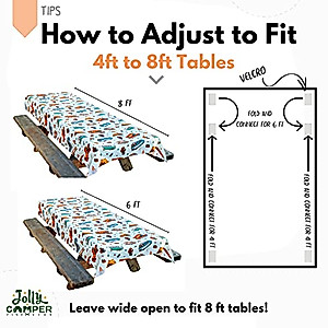 Jolly Camper Vintage Style Camping Tablecloth, Picnic Tablecloth, Fits 4ft to 8ft Picnic Tables, Polyester, Washable & Reusable, Spill & Stain Resistant, Water Repellent, Table Cloth for Picnic Table