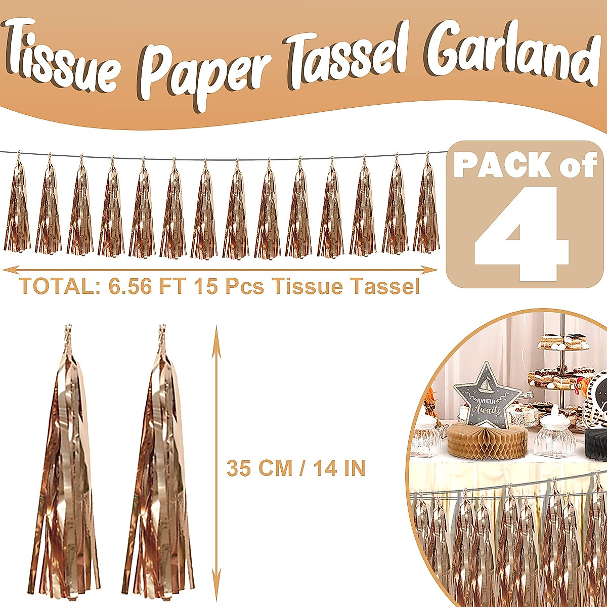 4P Champagne Gold Foil Fringe Metallic Streamers Banner Tassel Garland for Parade Floats, Bachelorette, Wedding, Birthday, Halloween, Christmas, Bridal/Baby Shower Party Decorations