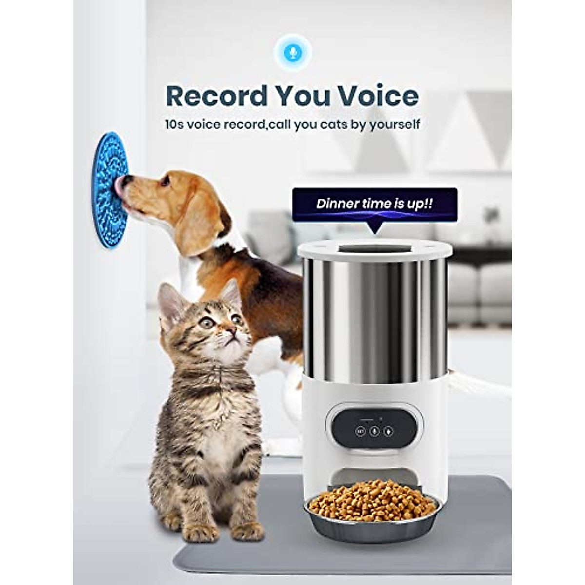 Automatic Cat Feeder, WHDPETS WiFi Cat Food Dispenser for 2 Cats & Dogs, 304 Stainless Steel Pet Feeder with Feeding Mat, 2-Way Splitter, APP Control, 10s Voice Recorder, Dual Power Supply