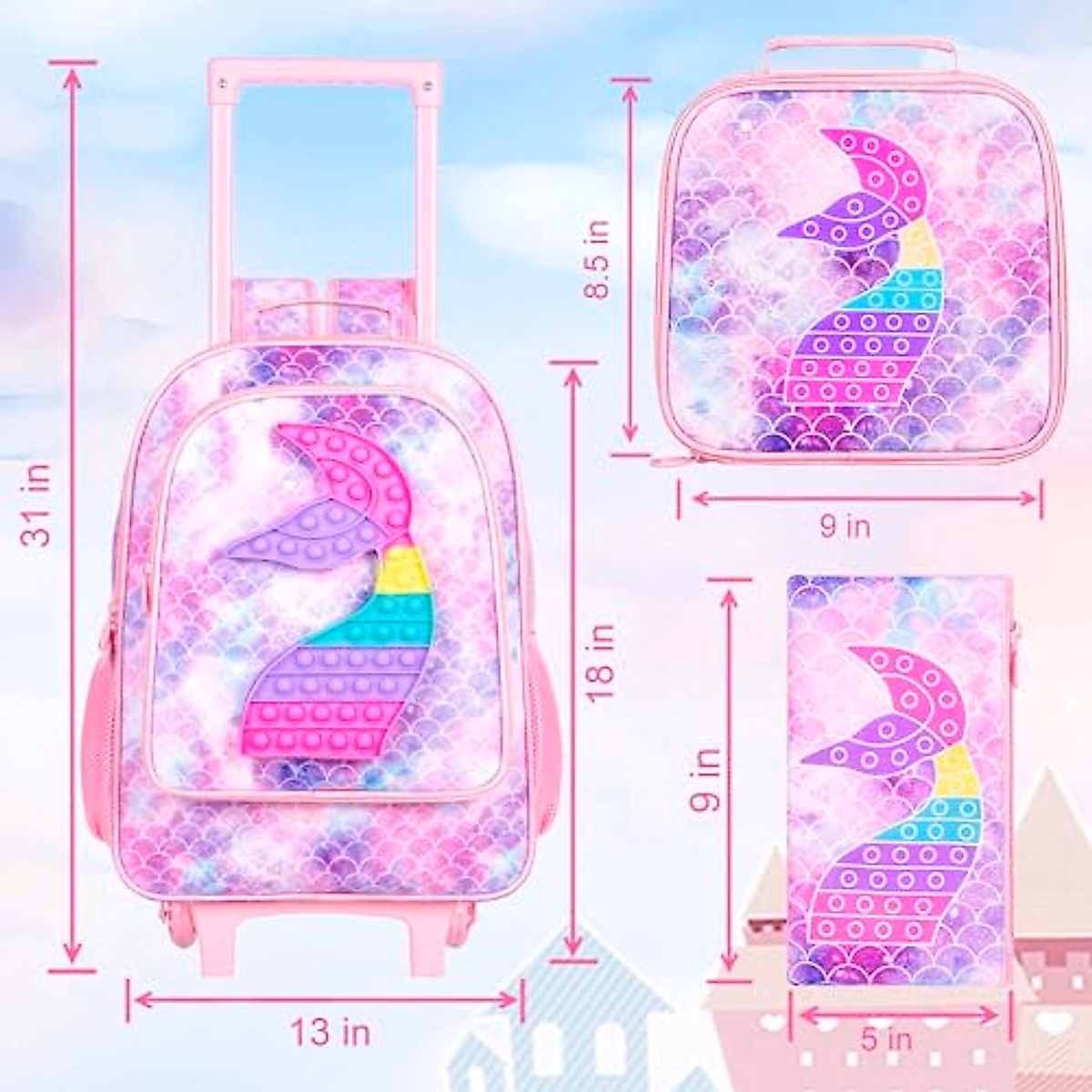 4PCS Rolling Backpack for Girls, Kids Mermaid Roller Backpacks with Wheels for Kids, Wheeled Bookbag Set for Toddler Elementary School