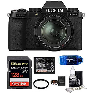 FUJIFILM X-S10 Mirrorless Digital Camera with 18-55mm Lens Bundle, Includes: SanDisk 128GB Extreme PRO Memory Card, Spare Fujifilm Battery, UV Filter, Card Reader, Lens Cleaning Kit and more (7 Items)