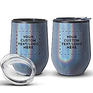 Custom Palmera Stemless Wine Tumblers with Lids 12 oz. Set of 12, Personalized Bulk Pack - Perfect for Wine, Cocktails, Other Hot & Cold Beverages - Iridescent Blue