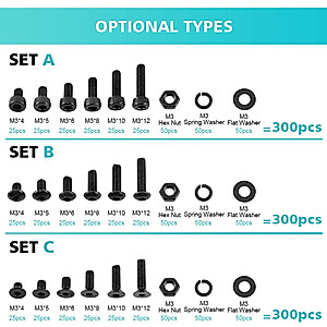 300Pcs M3 Hex Socket Screws Bolts Nuts Washers Set, M3 Button Head, Black Alloy Steel Full Thread Button Flat Head Screws Set Assortment(B-Button Head)