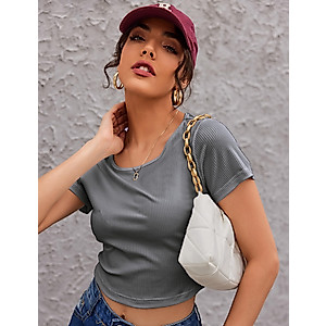 Ekouaer Women's 2 Piece Lounge Sets Short Sleeve Pajama Set Ribbed Knit Crop Top Wide Leg Pants Loungewear,Dark Gray,M