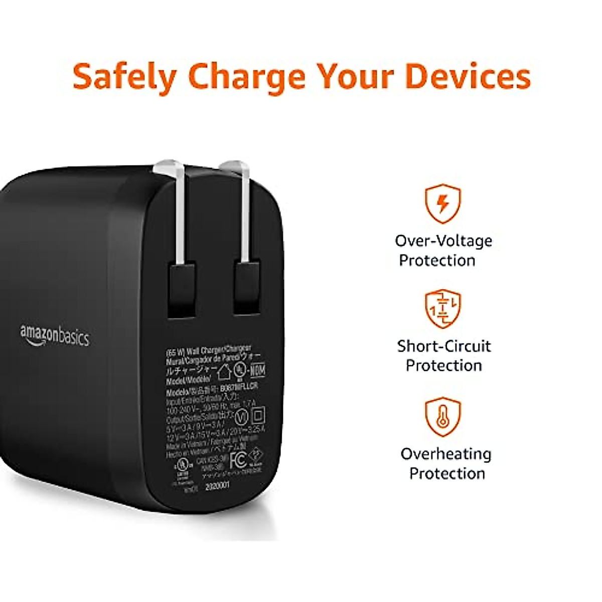 Amazon Basics 65W One-Port GaN USB-C Wall Charger with Power Delivery PD for Laptops, Tablets and Phones (iPhone 14/13/12/11/X, iPad, MacPro, Samsung, and more)-Black (non-PPS)