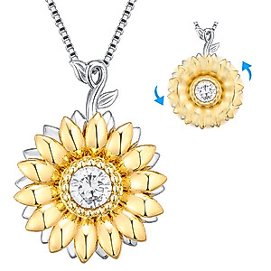 Aniu Graduation Gifts Golden Rotatable Sunshine Sunflower Pendant Necklace for Women, S925 Sterling Silver You Are My Sunshine Jewelry with 5A Cubic Zirconia (Gold) (White)