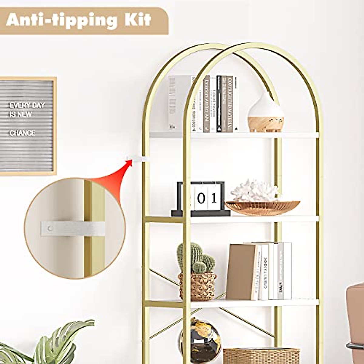 IDEALHOUSE Bookshelf 5 Tier Bookcase Arched Display Racks Tall Standing ...