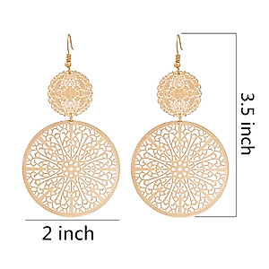 Filigree Disc Drop Earrings Double Round Disc Statement Earrings Metallic Brass Disc Dangle Hook Earrings