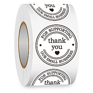 2" Round Classic Retro Stickers Thank You for Supporting Our Small Business Sticker Labels with Hearts - Printed White Thank You Stickers 500 Thank You Labels Per Roll (White, 2 inch)