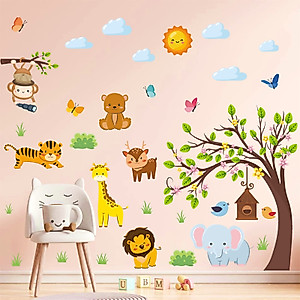 Jungle Animal Wall Decals Cartoon Tree Animal Wall Stickers Forest Animal Wall Decals Peel and Stick Elephant Woodland Animal Wall Decal for Girl Boy Room Kids Baby Room Nursery Playroom Bedroom Decor