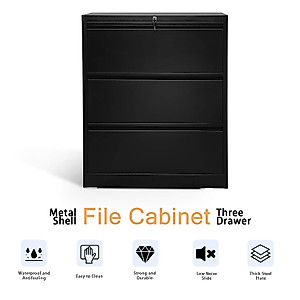 AOBABO 3 Drawer Lateral Steel File Organizing Cabinet with Locking System and Adjustbale Hanging Bars for Letter/Legal Size Paper, Black