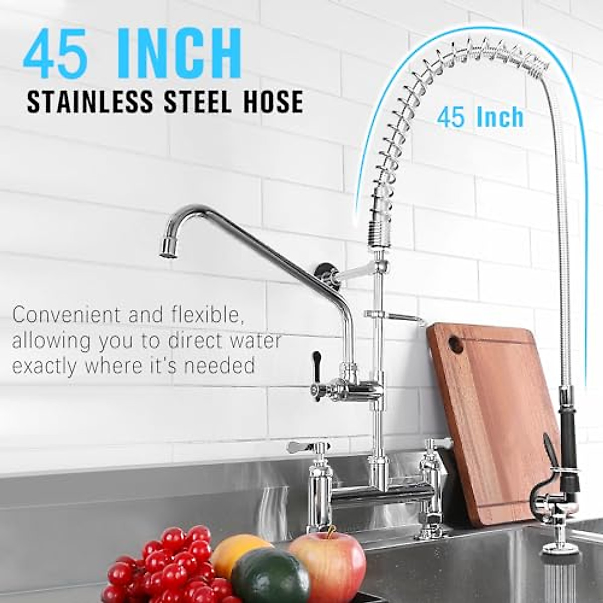 Spray Valve with 45" Flexible Stainless Steel Hose & Pre-Rinse Overhead Spring, Commercial Faucet Flexible Hose with Spray Head Replacement Kit for Commercial Restaurant Industrial Kitchen Sink Faucet