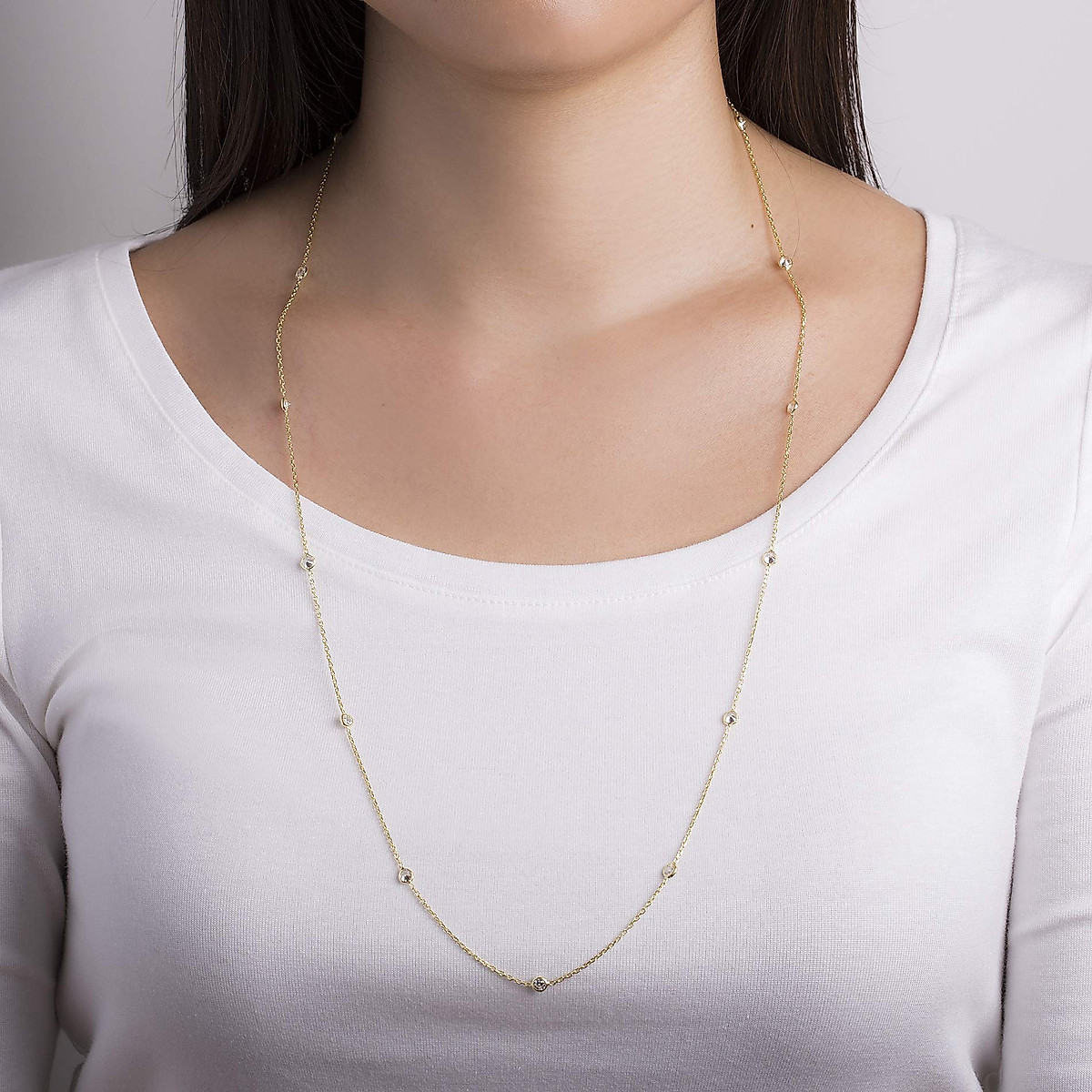 Mia Sarine Yellow Gold Plated 925 Sterling Silver Bezel Set CZ By the Yard 30 Inch Station Chain Necklace for Women Yellow