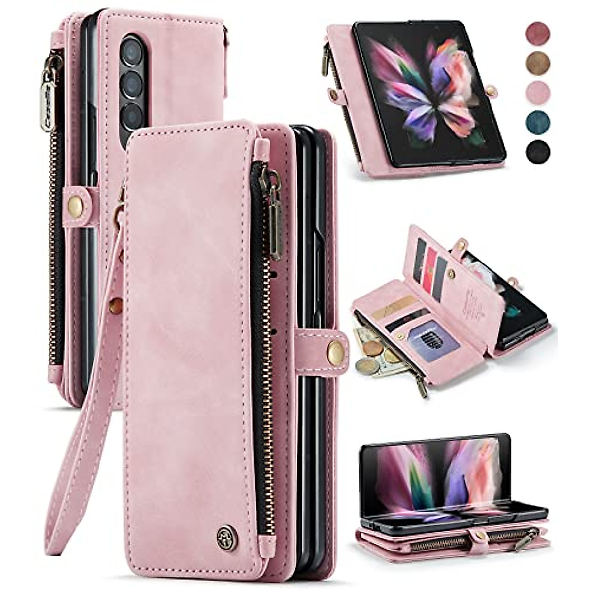 Defencase Wallet Lanyard Case for Galaxy Z Fold 3 - PU Leather, Flip, Zip Card Holder, Pink