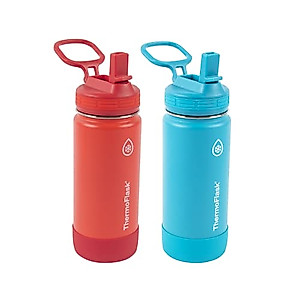 ThermoFlask Double Wall Vacuum Insulated Stainless Steel Kids Water Bottle with Straw Lid, 16 Ounce, 2-Pack, Red / Blue
