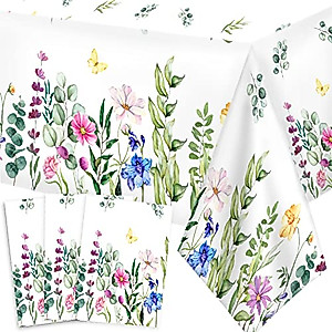 3 Pieces Spring Summer Floral Table Cover Watercolor Wild Flowers Tablecloth Plastic Rectangular Floral Tablecloth for Dining Kitchen Room Picnic Camping Birthday Party Holiday Decor, 43 x 70 Inches