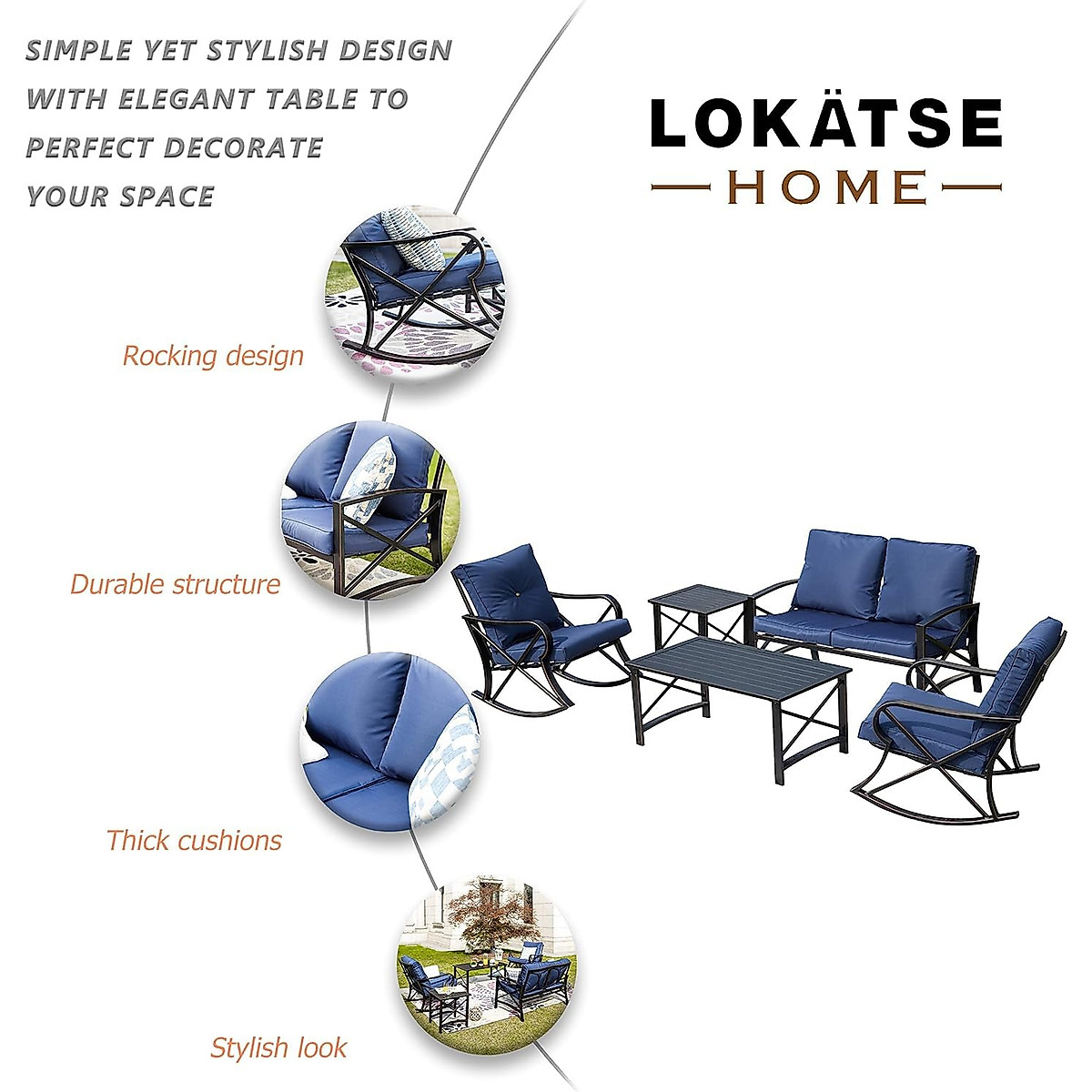 LOKATSE HOME 5 Pieces Patio Conversation Set Outdoor Metal Furniture Padded Deep Seating with Loveseat, 2 Rocking Chairs and 2 Coffee Table, Blue