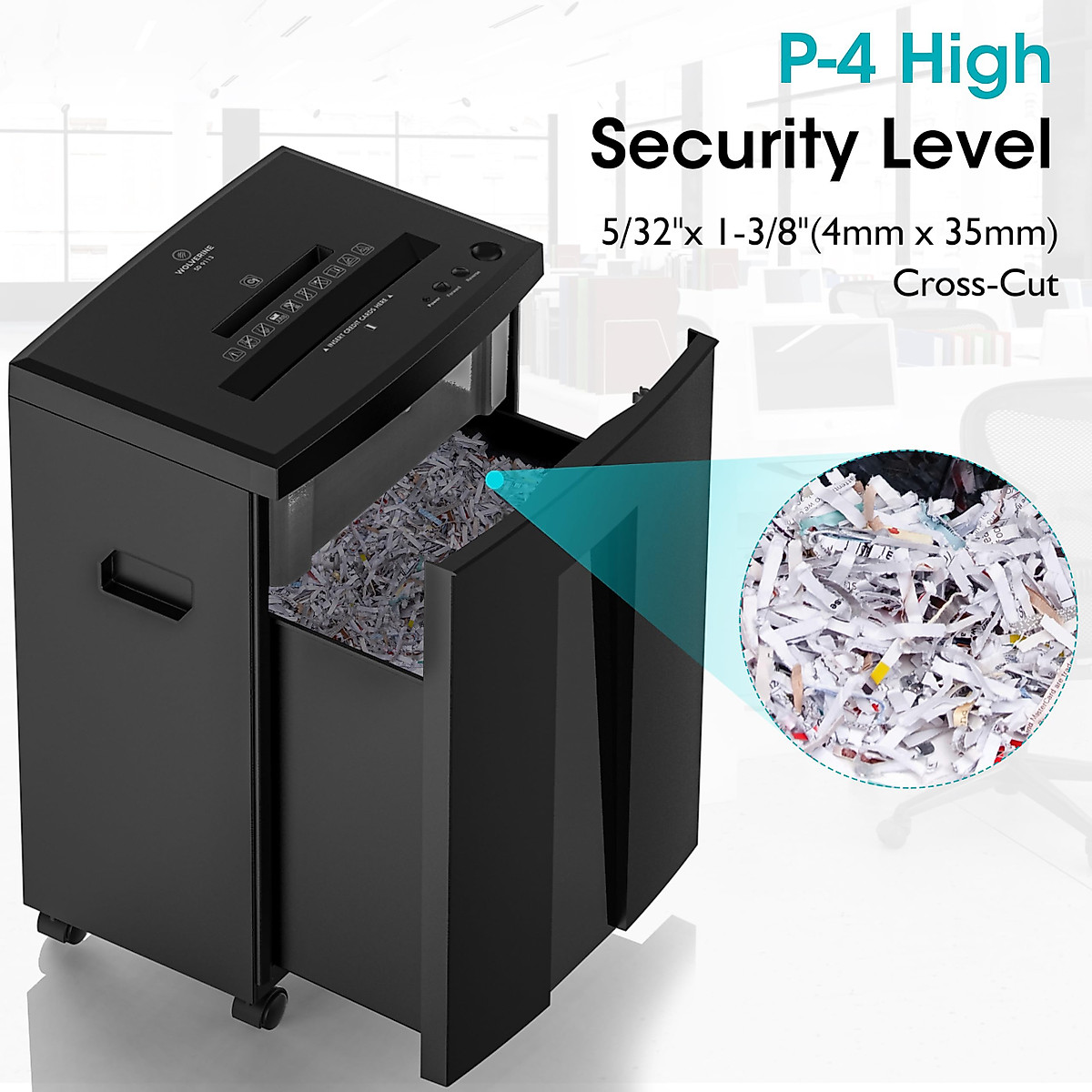 WOLVERINE 18-Sheet 60 Mins Running Time Cross Cut High Security Level P-4 Heavy Duty Paper/CD/Card Ultra Quiet Shredder for Home Office with 6 Gallons Pullout Waste Bin SD9113(Black ETL)