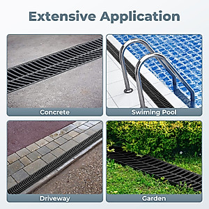 Trench Drain System, Channel Drain with Plastic Grate, 5.9x5.1-Inch HDPE Drainage Trench, Black Plastic Garage and GardenDrain, 6x39 Trench Drain Grate, with 6 End Caps,Convenient Assembly（6 Pack）