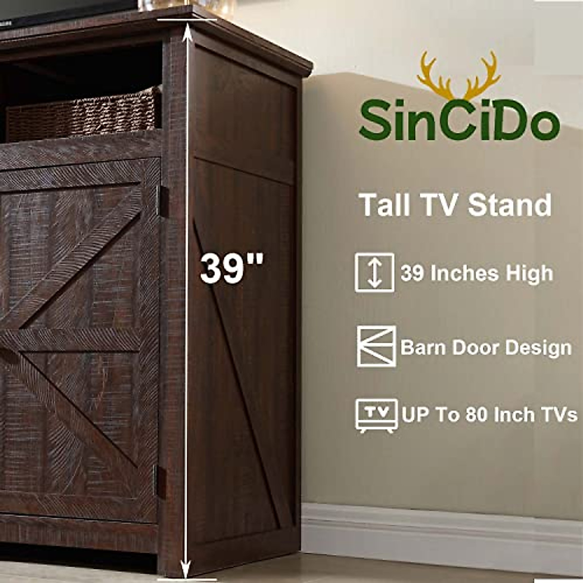 SinCiDo Farmhouse TV Stand for TVs Up to 80 inches, 39" Tall Highboy Entertainment Center w/Barn Door, Large Wood Rustic TV Console Cabinet w/Adjustable Shelves for Living Room, 70inch, Brown