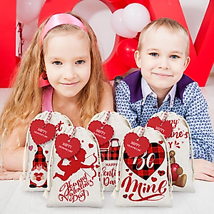 20 Pieces Valentine's Day Gift Bags with Drawstring Linen Cloth Candy Jewelry Pouches Sacks Small Muslin Bags with Heart Tag Labels for Valentine's Day Party Favors Wedding Bridal Shower (4 x 6 Inch)