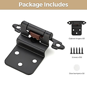 50 Pack 25 Pair Black Cabinet Hinges - 3/8 inch Inset Kitchen Cabinet Hinges, Semi-Concealed Hinges, Self Closing Cabinet Door Hinges with Door Bumper Flush Face Mount Cupboard Hardware