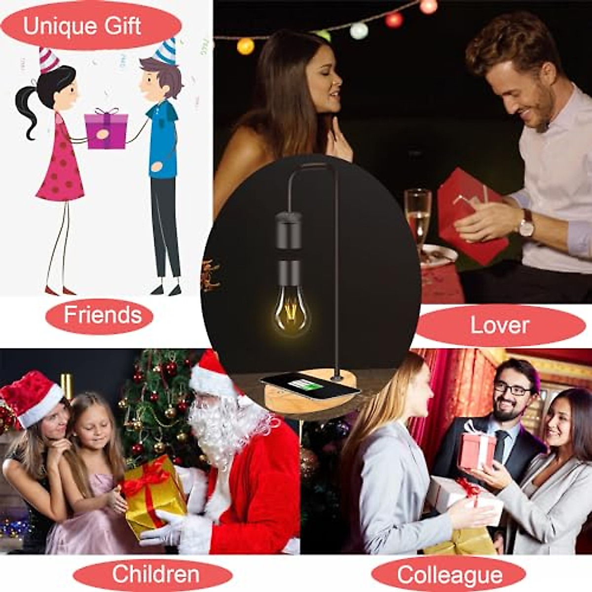 FloatGo Levitating Bulb Lamp with Wireless Phone Charger Apple Android Magnetic Floating Futuristic Lamp Black LED Night Light Desk Lamp for Christmas Gift Home Move in Decoration