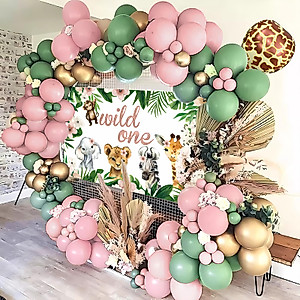 Pink Wild One Balloon Arch with Backdrop 59x40 Inch for Wild One Birthday Decoration, Safari Jungle Balloons Garland Arch Kit Giraffe Pink Sage Green Balloons of First 1st Birthday Decorations Girl