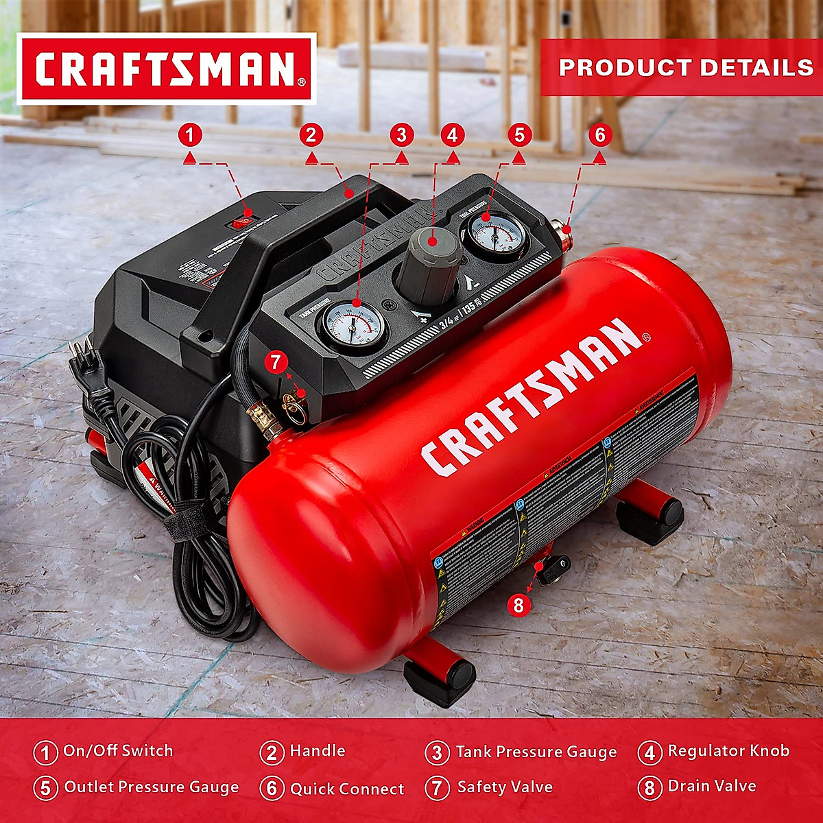 Craftsman Air Compressor, 1.5 Gallon 3/4 HP Max 135 PSI Pressure, 1.5 CFM@90psi and 2.2 CFM@40psi, Stainless Steel Portable Oil Free Maintenance Free Compressor, CMXECXA0200141A