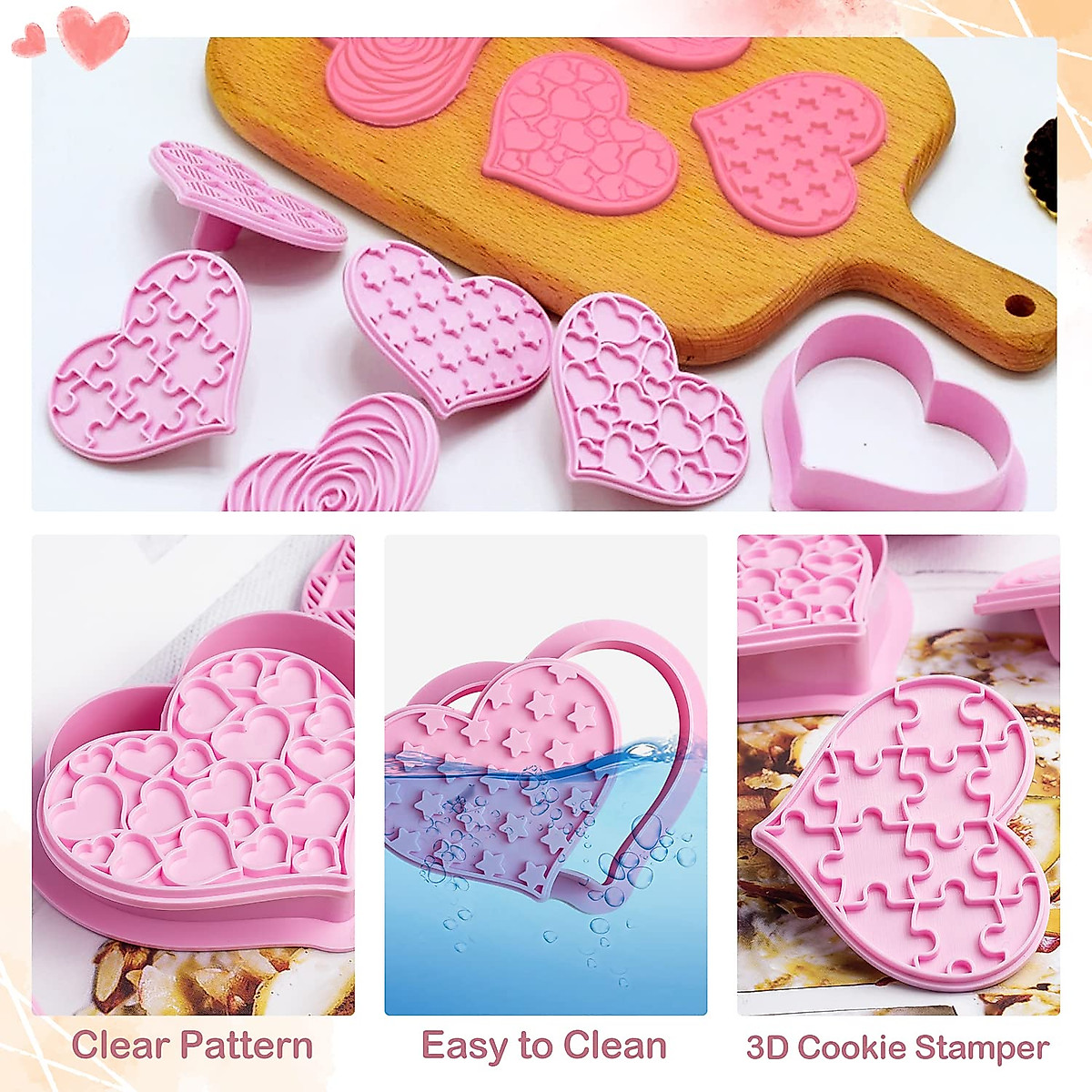 FVVMEED 6 Pieces Valentine's Day Heart Shape Plastic Biscuit Cutters Cookie Stamps Plunger Cutter Fondant Molds Embossing Spring Mold Press Cupcake Gum Paste Sugar Craft Decorating Baking Tool