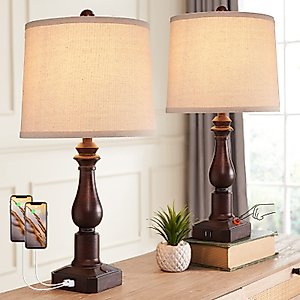 RORIA Set of 2 Touch Control Vintage Table Lamps, 3-Way Dimmable Nightstand Lamp with 2 USB Ports, Rustic Farmhouse Accent Desk Lamp for Bedroom Living Room, 2 Bulbs Included (Brown)