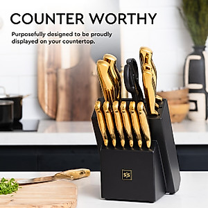 Black and Gold Knife Set with Block Self Sharpening, Black Utensil Holder with Built-In Ceramic Spoon Rest and Gold Cooking Utensils Set-21 Piece Luxe Black and Gold Kitchen Accessories