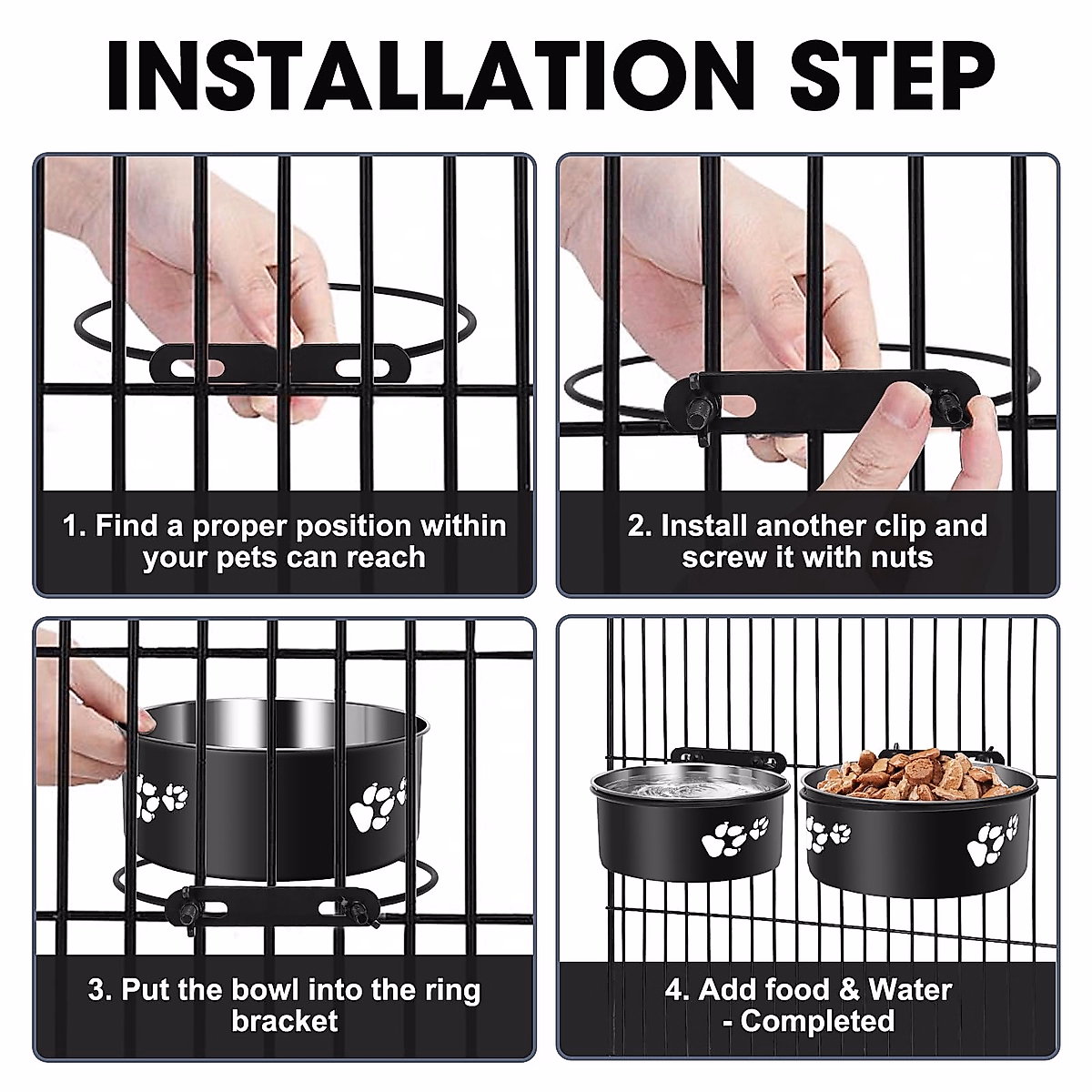 Kennel Water Bowl Hanging, ShineMe 2 Pack Stainless Steel Food and Water Bowl for Dog Cage, Crate, Kennel Bowls Mountable for Medium and Small Dogs, Cats, Pets (6.2x2.6” & 5.5x2.4”)