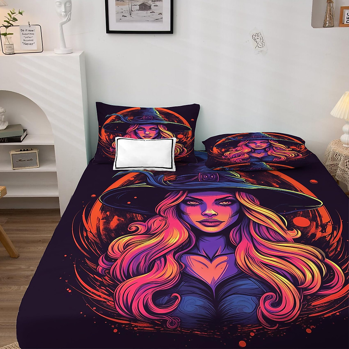 Witchy Sheets Full Size, Halloween Bed Sheets, Patterned Bedding Sheets & Pillowcases 4 Piece Set - Soft Microfiber Deep Pocket Fitted Sheet & Flat Sheet & 2 Pillow Cases L5-&-76