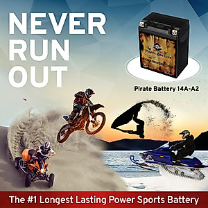 Pirate Battery YB14A-A2 Conventional Replacement Battery for ATV, Motorcycle, Personal Watercraft, and Snowmobile: 12 Volts, 1.4 Amps, 14Ah, Nut and Bolt (T3) Terminal