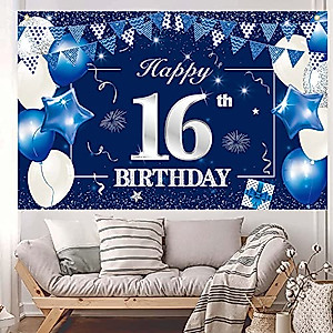 P.G Collin Happy 16th Birthday Banner Backdrop Sign Background, 16 Birthday Party Decorations Supplies for Boys Girls 6 x 4ft Blue Silver