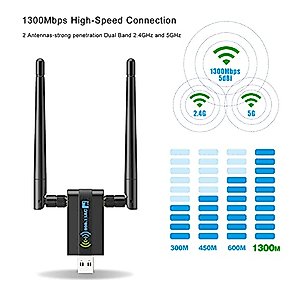 Wireless USB WiFi Adapter for PC: 1300Mbps WiFi USB, 802.11AC WiFi Adapter for Desktop PC, Dual Band WiFi Dongle Wireless Adapter for WIN7 8 10 11 XP MAC Linux, USB Computer Network Adapters