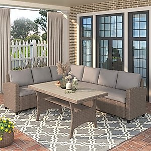BIADNBZ Outdoor Patio Furniture Set with Dining Table, 3-Piece All-Weather PE Rattan Conversation Sectional Sofa w/Soft Cushions for Backyard, Poolside, Deck, Brown Wicker