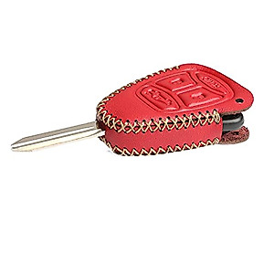 WFMJ Leather for 2006 2007 Jeep Grand Cherokee Dodge Chrysler Magnum Durango Charger 300 Remote 4 Buttons Key Case Holder Cover Fob Chain (Red)