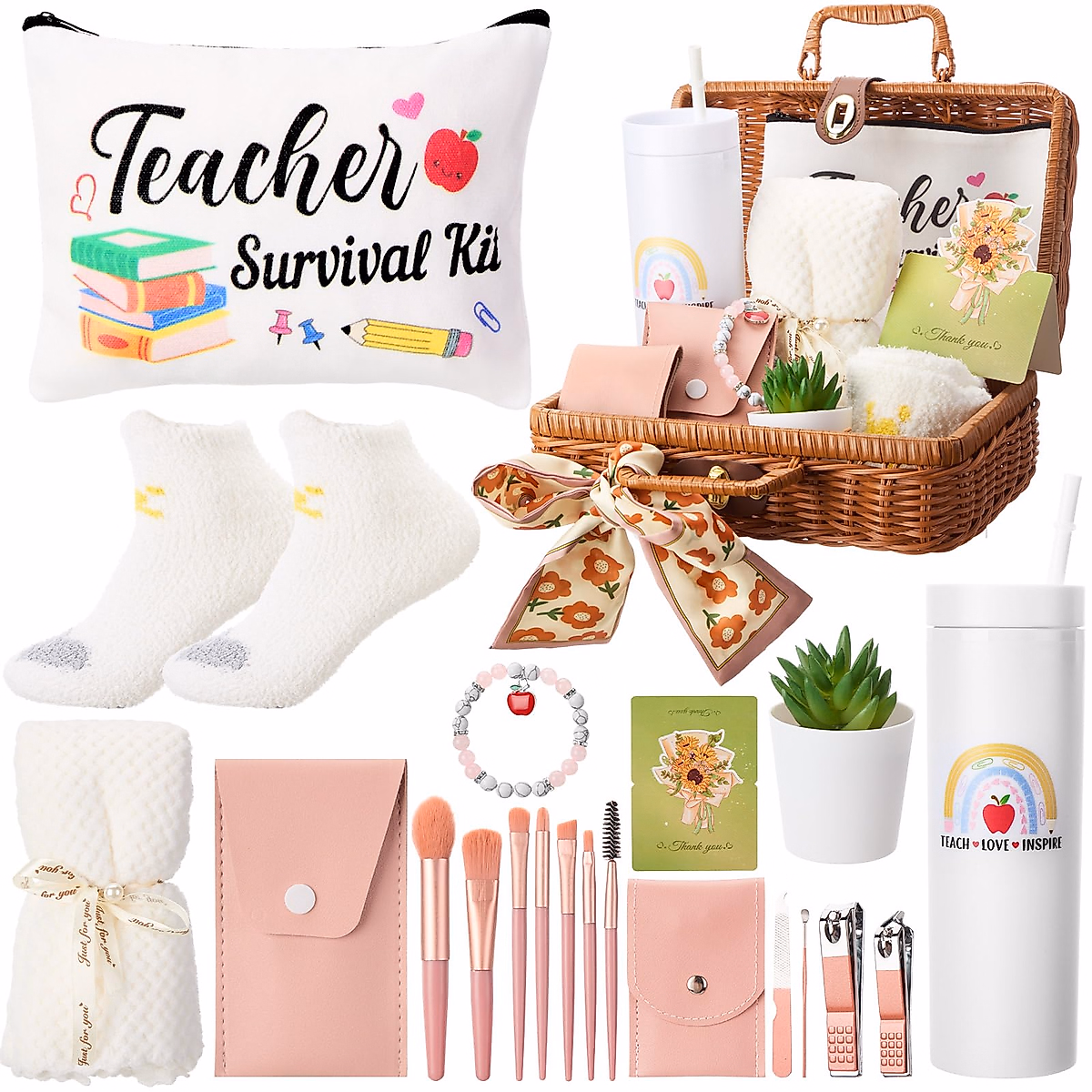 Reallnaive 11 Pcs Teacher Gifts for Women Appreciation Graduation Thank You Gift Include Tumbler, Basket, Ribbon, Bracelet, Card, Towel, Makeup Bag, Plant, Makeup Brushes, Nail Clippers, Socks