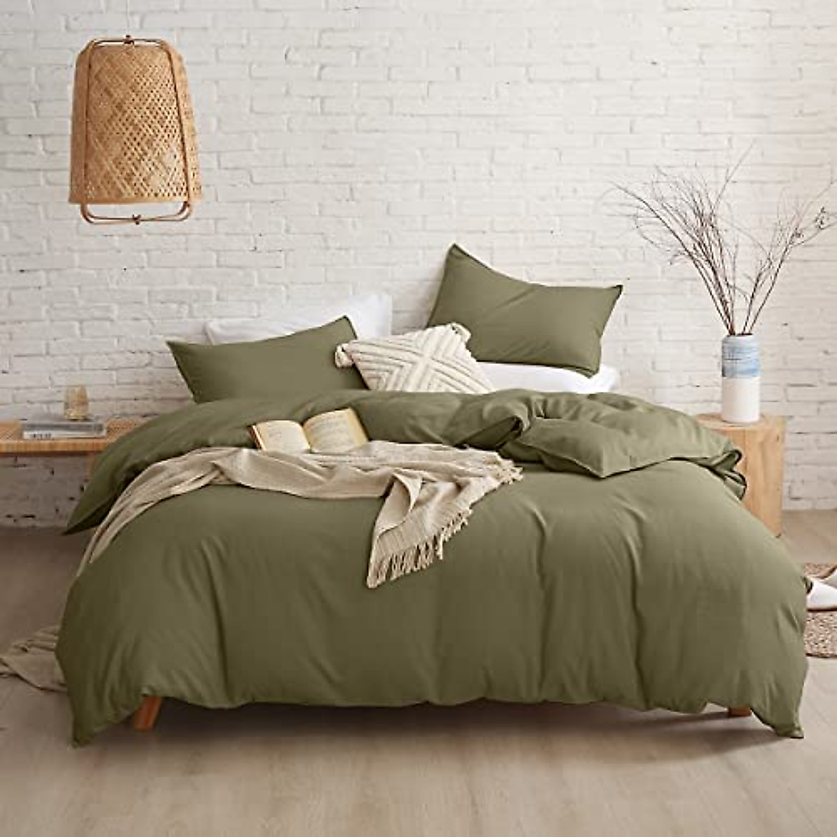 Olive Green Linen-Textured 55% Viscose from Bamboo 45% Cotton Duvet Cover Set, Pre-washed Soft Breathable Queen Size Duvet Cover for Hot Sleepers, Natural Organic Duvet Cover with 2 Pillowcases