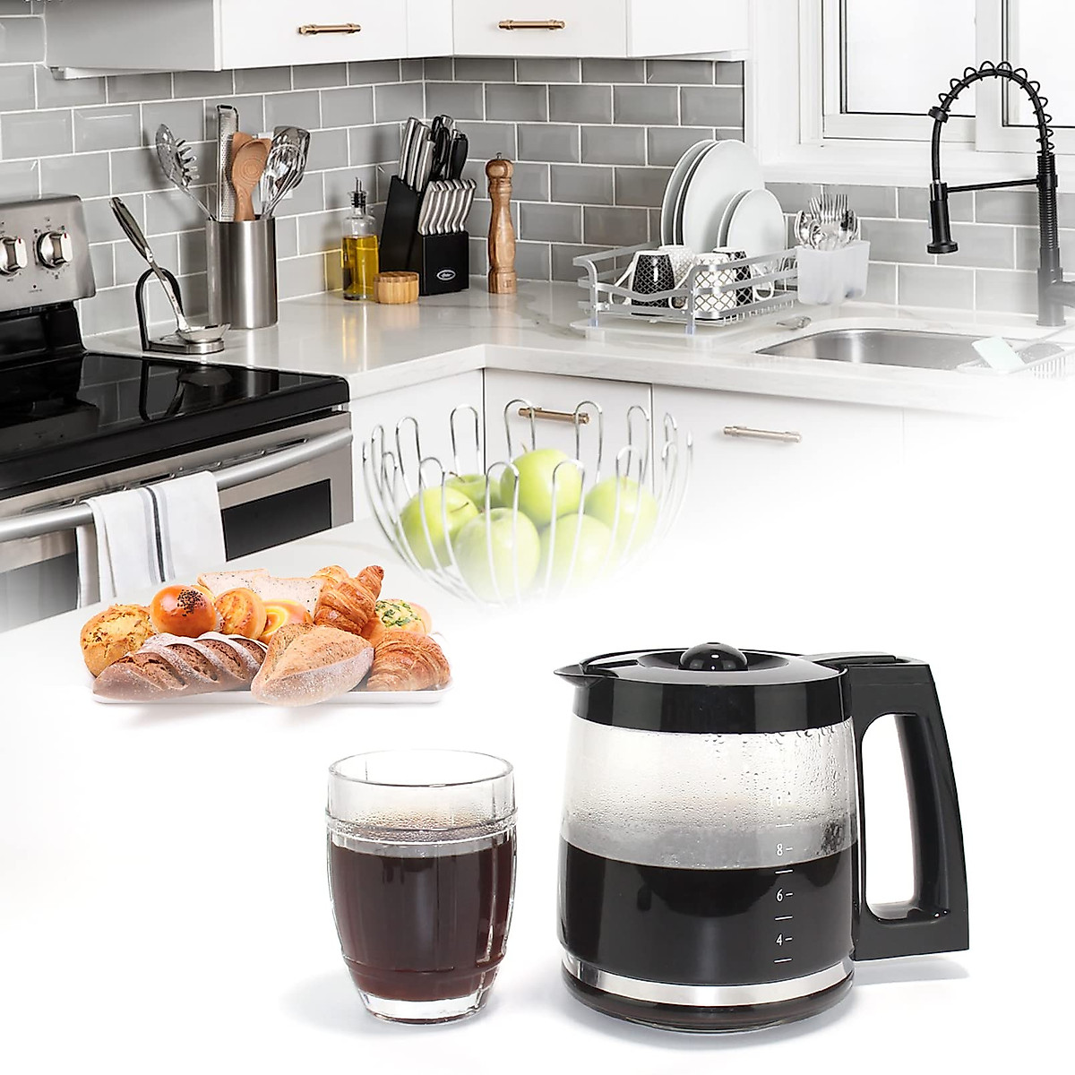 Glass Replacement Coffee Carafe Compatible with Cuisinart Coffee Maker Models DCC-2200, DCC-2600, DCC-2800, DCC-3200, and DCC-3200P1, Coffee Pot Decanter Pitcher, Black Handle