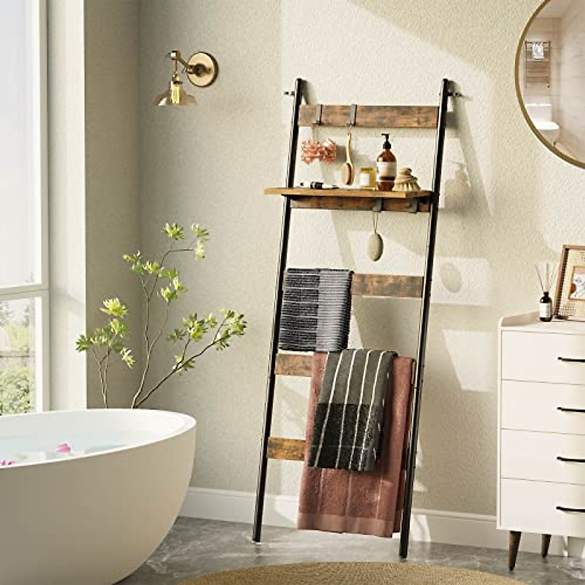 Rolanstar Blanket Ladder with Adjustable Shelf and 4 Hanging Hooks, Wall-Leaning Blanket Rack, Ladder Shelf Stand for Bathroom, Living Room, Kitchen, Rustic Brown