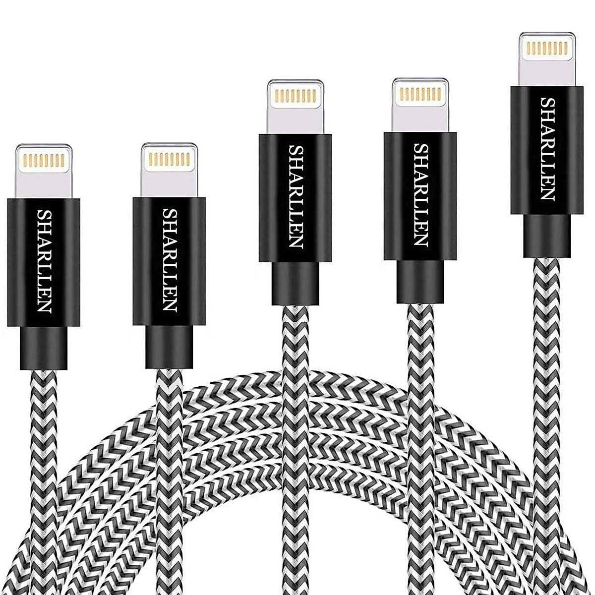 sharllen iPhone Cable 5Pack 3FT/6Foot/10Feet MFi Certified Nylon Braided Fast USB Charging&Syncing Charger Cord Wire Lightning Cable Compatible iPhone11/XS/Max/XR/X/8P/7Plus/6s P/6/6P/iPad/iPod Black